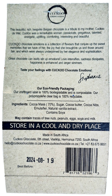 Buy Cuckoo - 70% Dark Chocolate & Cocoa Nibs Online | Faithful to Nature